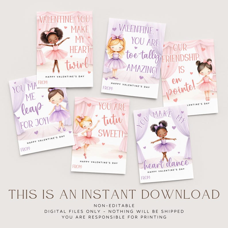 Printable Ballerina Valentine Cards for Kids, Pink Ballet Valentine's ...
