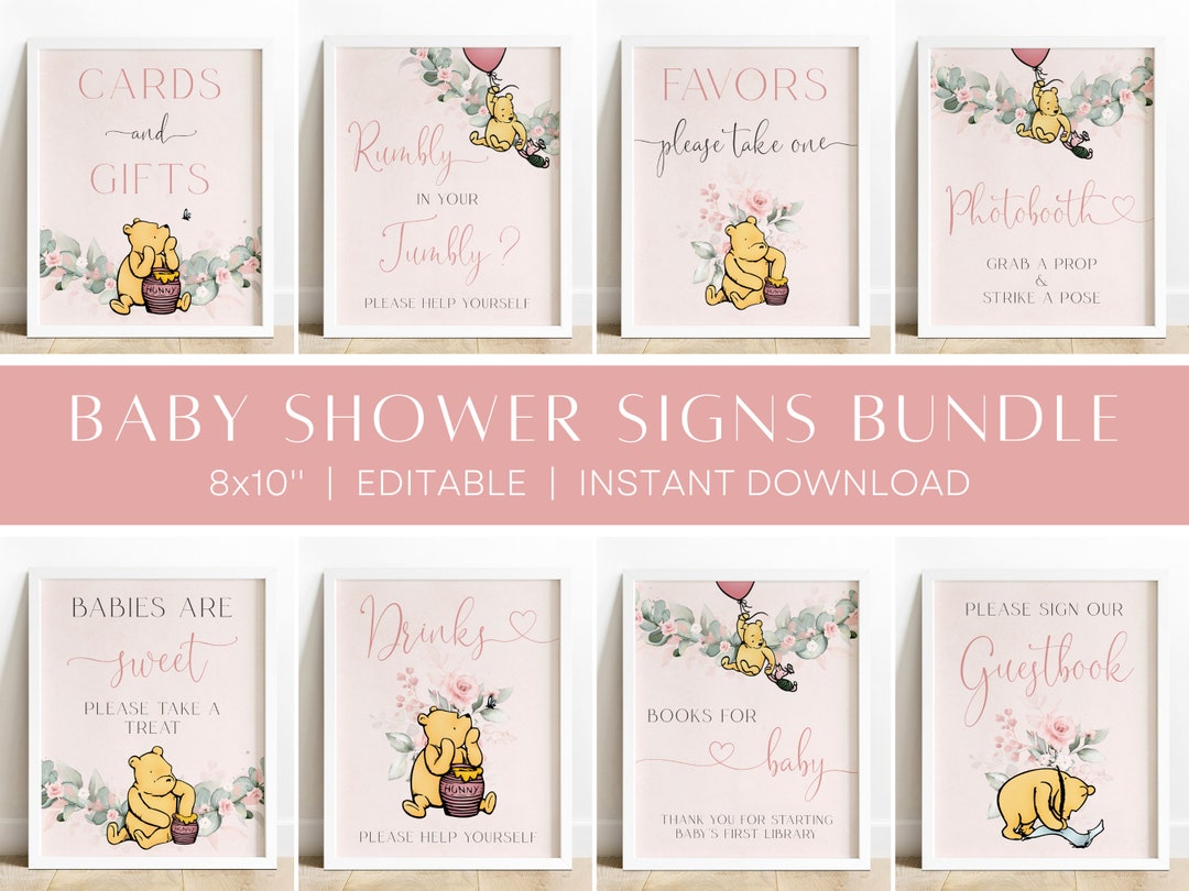Classic Winnie the Pooh Baby Shower Signs Bundle, Pink Winnie the Pooh ...
