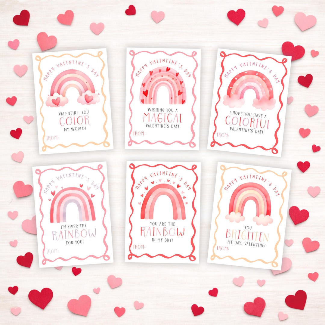 Printable Rainbow Valentine's Day Cards for Kids, Boho Pink Classroom ...
