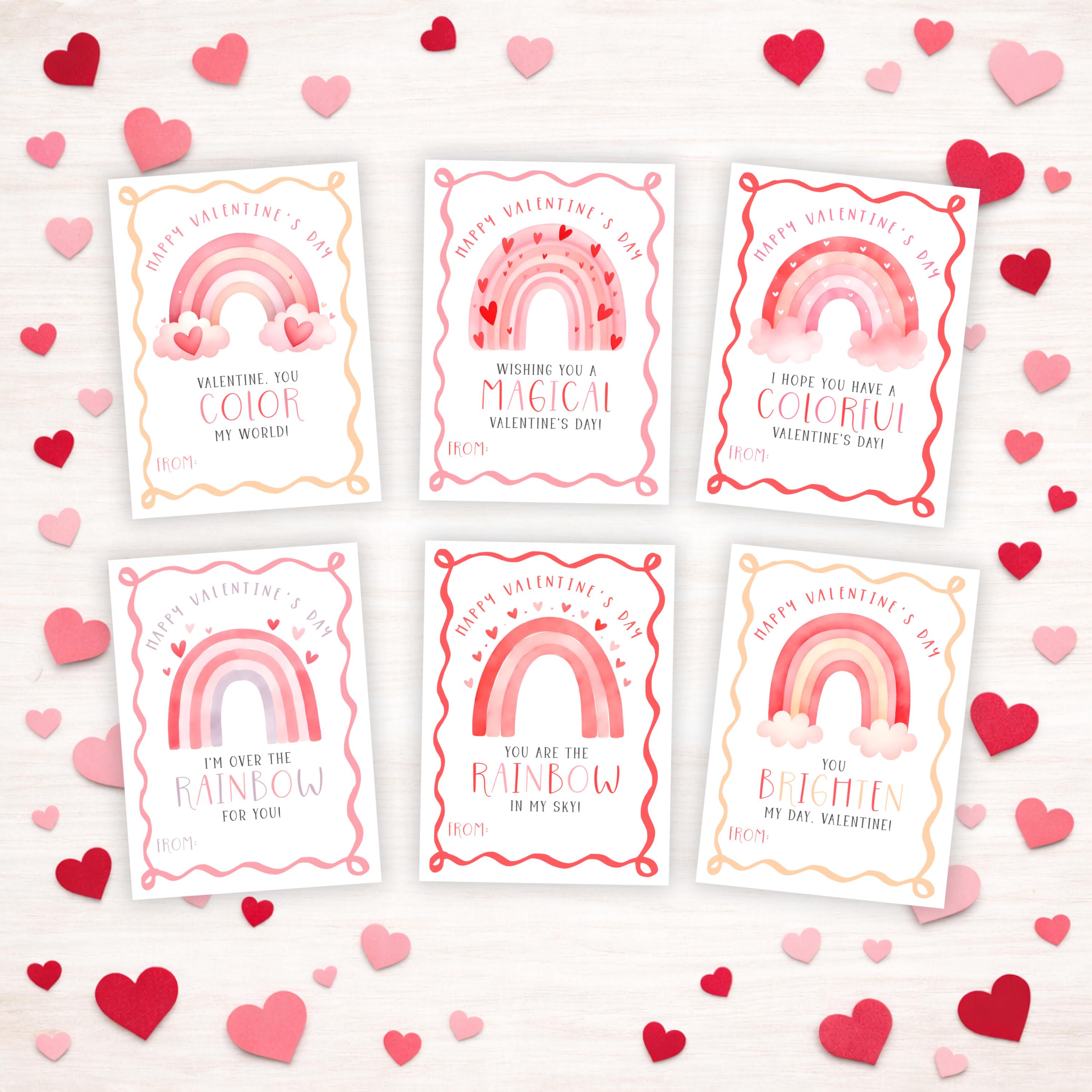 Printable Rainbow Valentine's Day Cards for Kids, Boho Pink Classroom ...