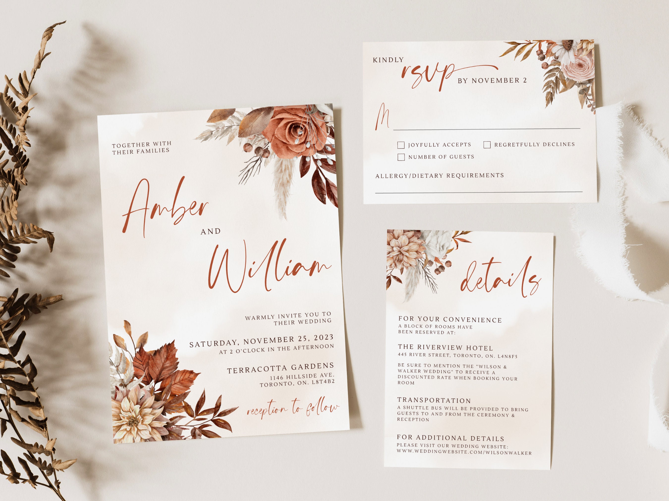 Terracotta Fall Wedding Invitation Template, Autumn Wedding Invitation ...