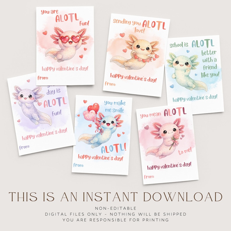 Axolotl Valentine's Day Cards, Printable Kids Valentines Cards for ...