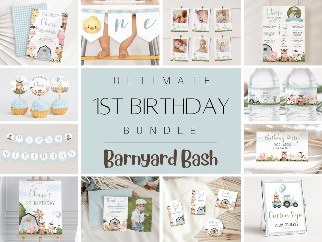 Blue Farm 1st Birthday Bundle, Boy Farm Animal Invitation Template, Boy ...