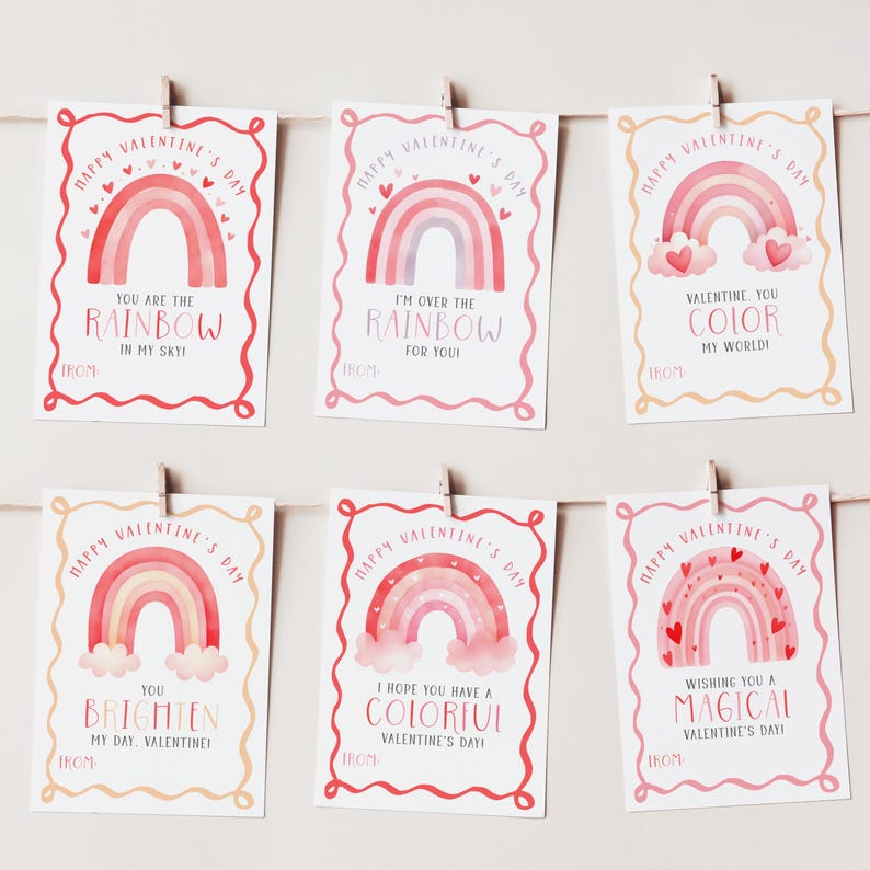 Printable Rainbow Valentine's Day Cards for Kids, Boho Pink Classroom ...