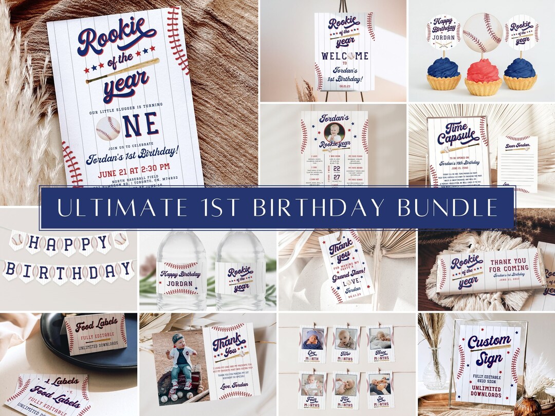 Rookie of the Year First Birthday Invitation Bundle, Editable Baseball ...