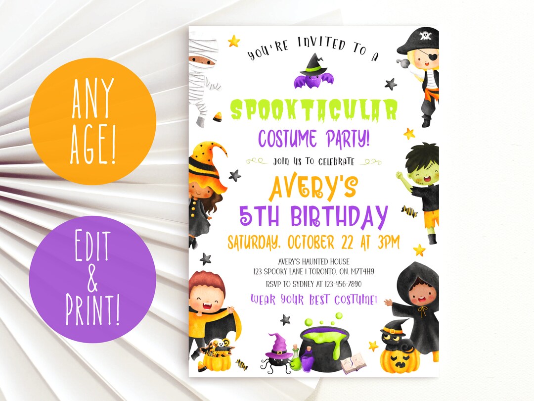 Kids Halloween Birthday Party Invitation, Costume Party Invite ...