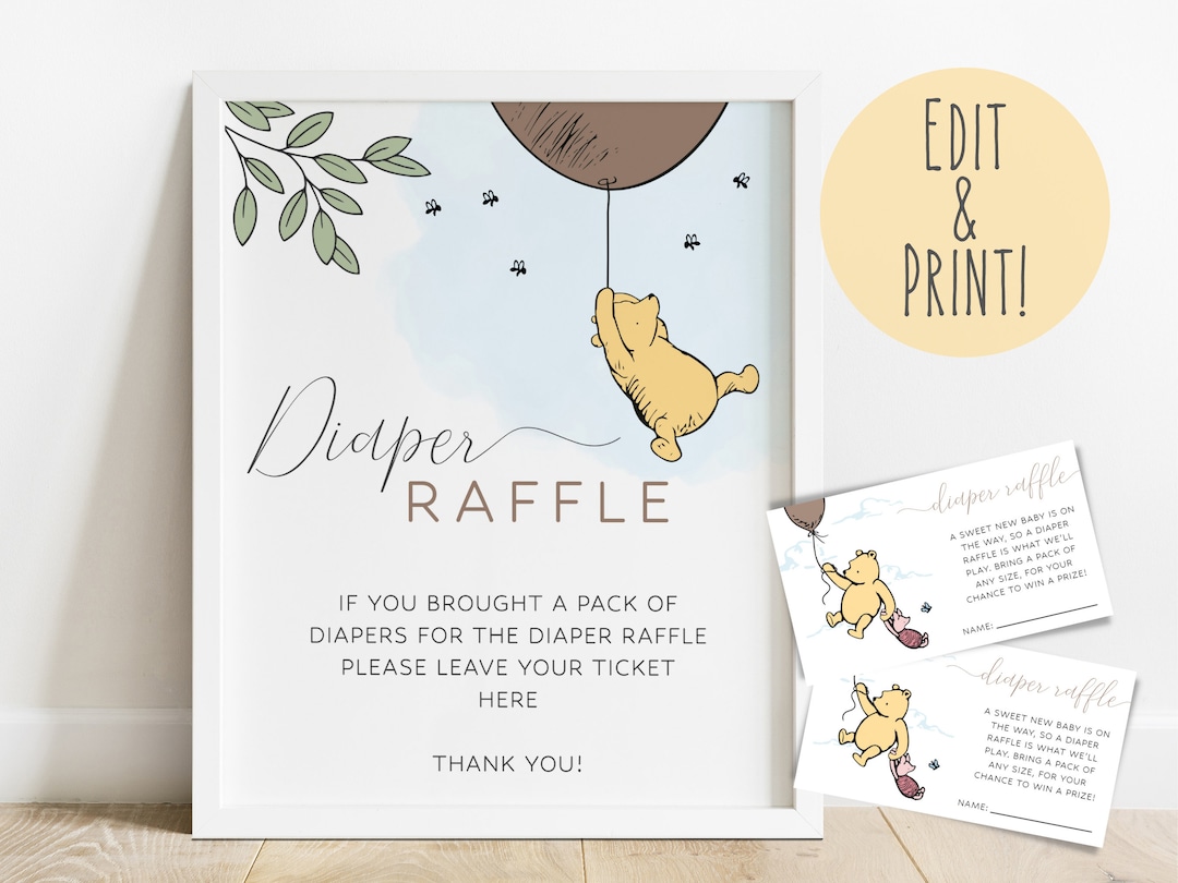 Classic Winnie the Pooh Baby Shower Diaper Raffle Sign Template ...