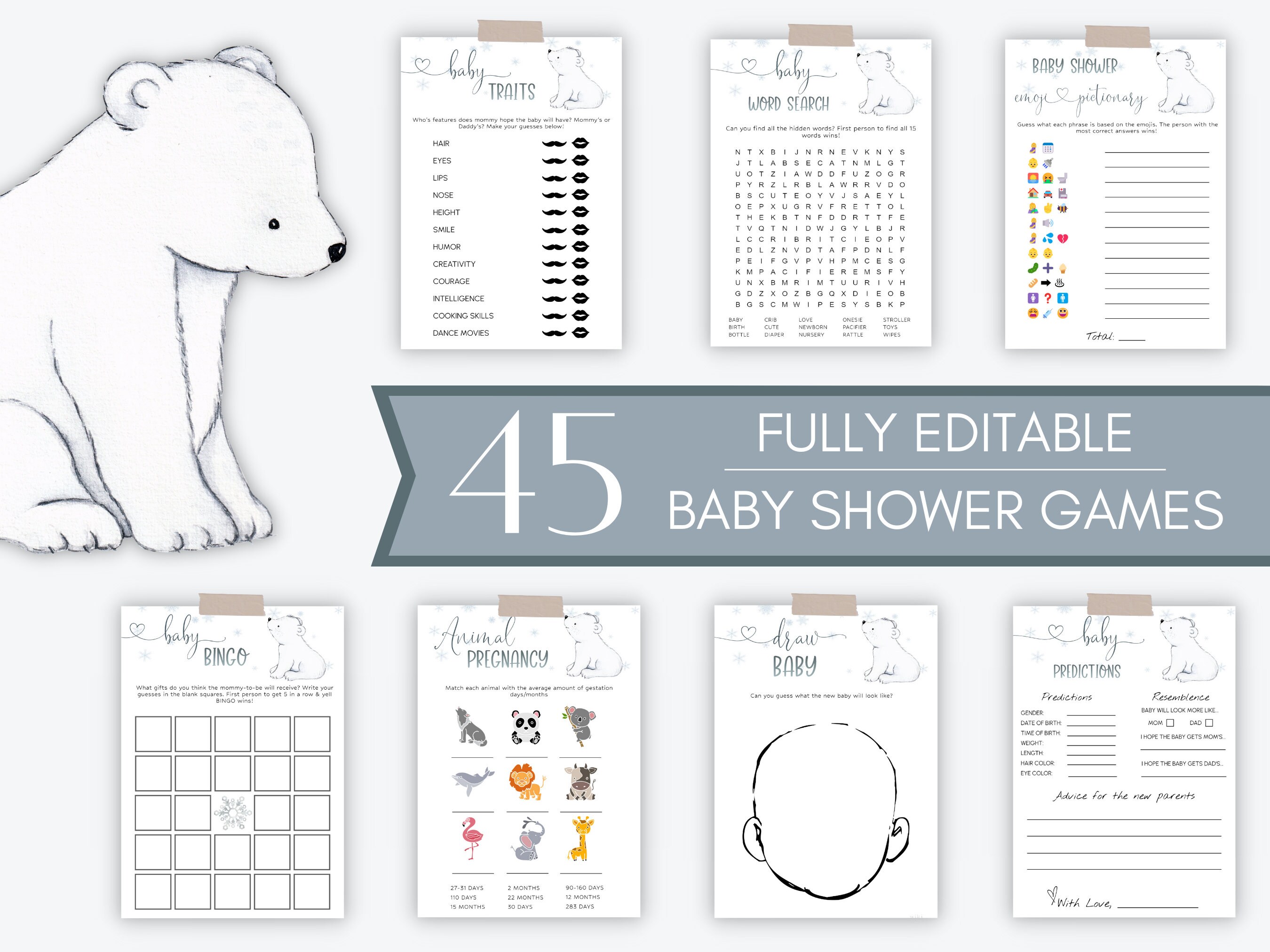 Polar Bear Baby Shower Game Template, Winter Baby Shower Games Bundle ...