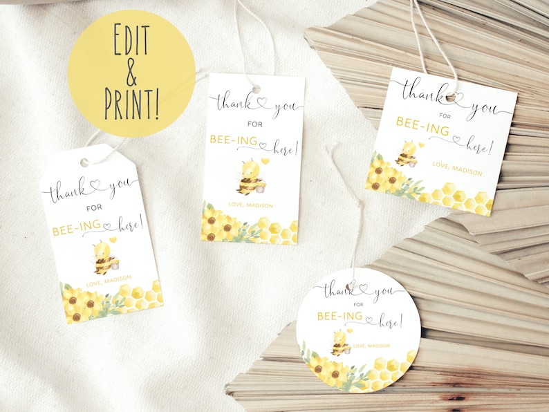 1st Birthday Bee Favor Tags Template, Editable Honey Bee Thank You Tags ...