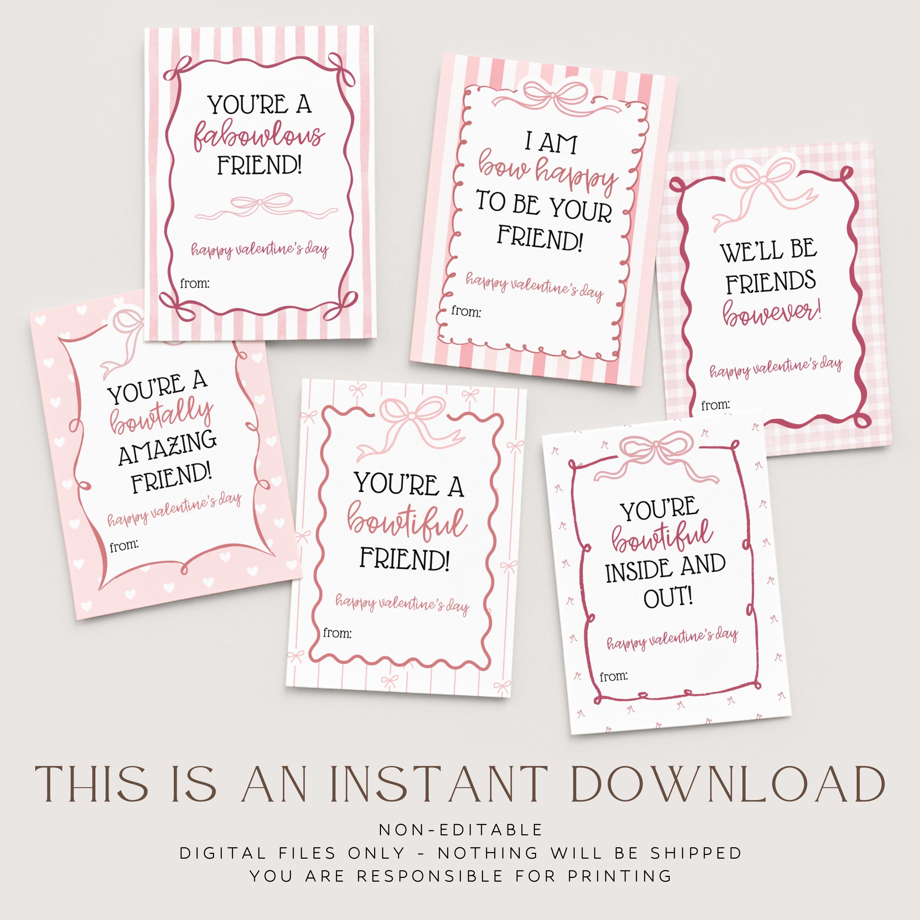 Printable Bow Valentine's Day Cards, Pink Classroom Valentine Exchange ...