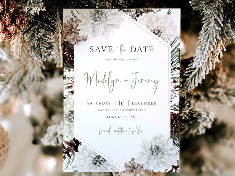 Winter Wedding Save the Date Template, Christmas Save the Date Floral ...