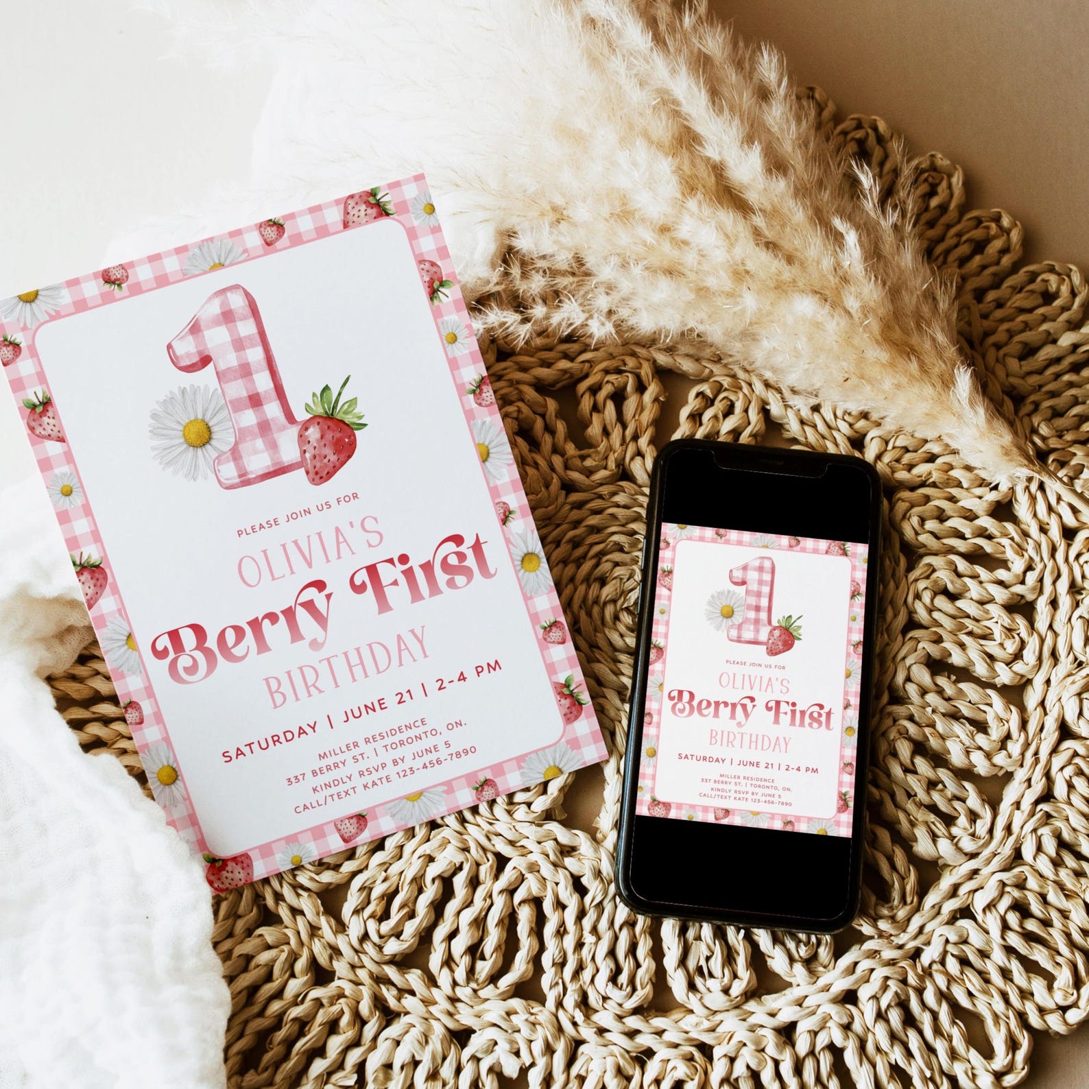 Berry First Birthday Invitation Template, Girl 1st Birthday Invite, Red ...