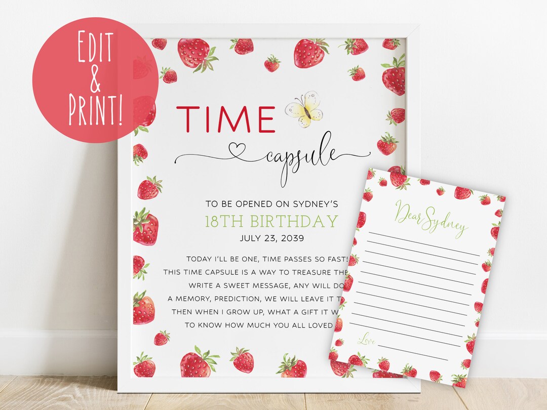 Berry First Birthday Time Capsule Sign, Editable Strawberry 1st ...