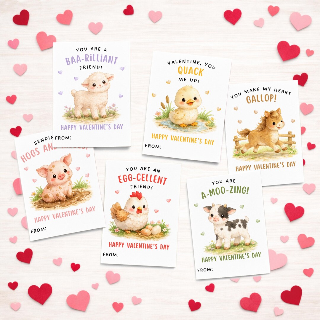 Farm Animal Valentine's Day Cards, Printable Valentines for Kids ...