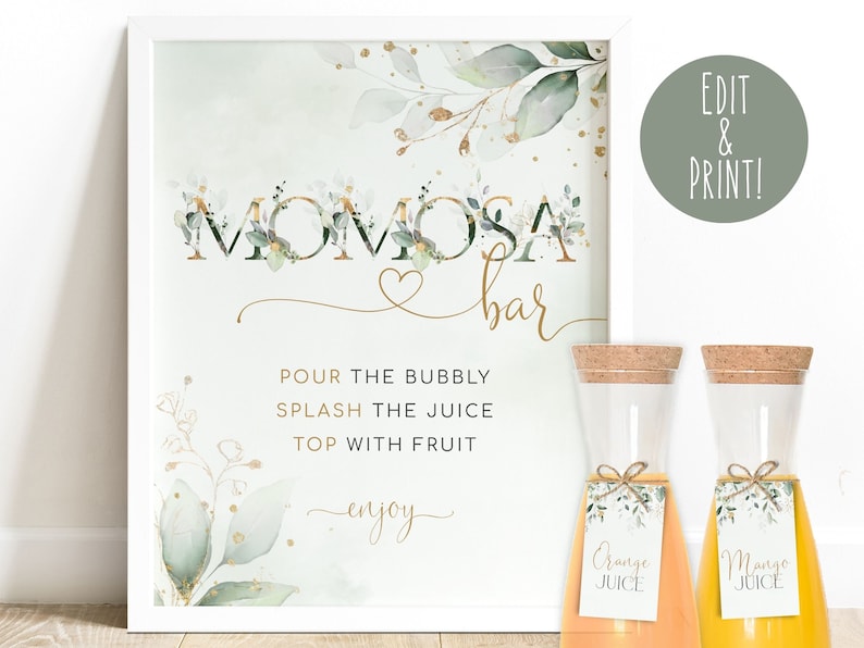 Greenery Baby Shower Mimosa Bar Sign, Mimosa Bar Sign Printable, Green ...