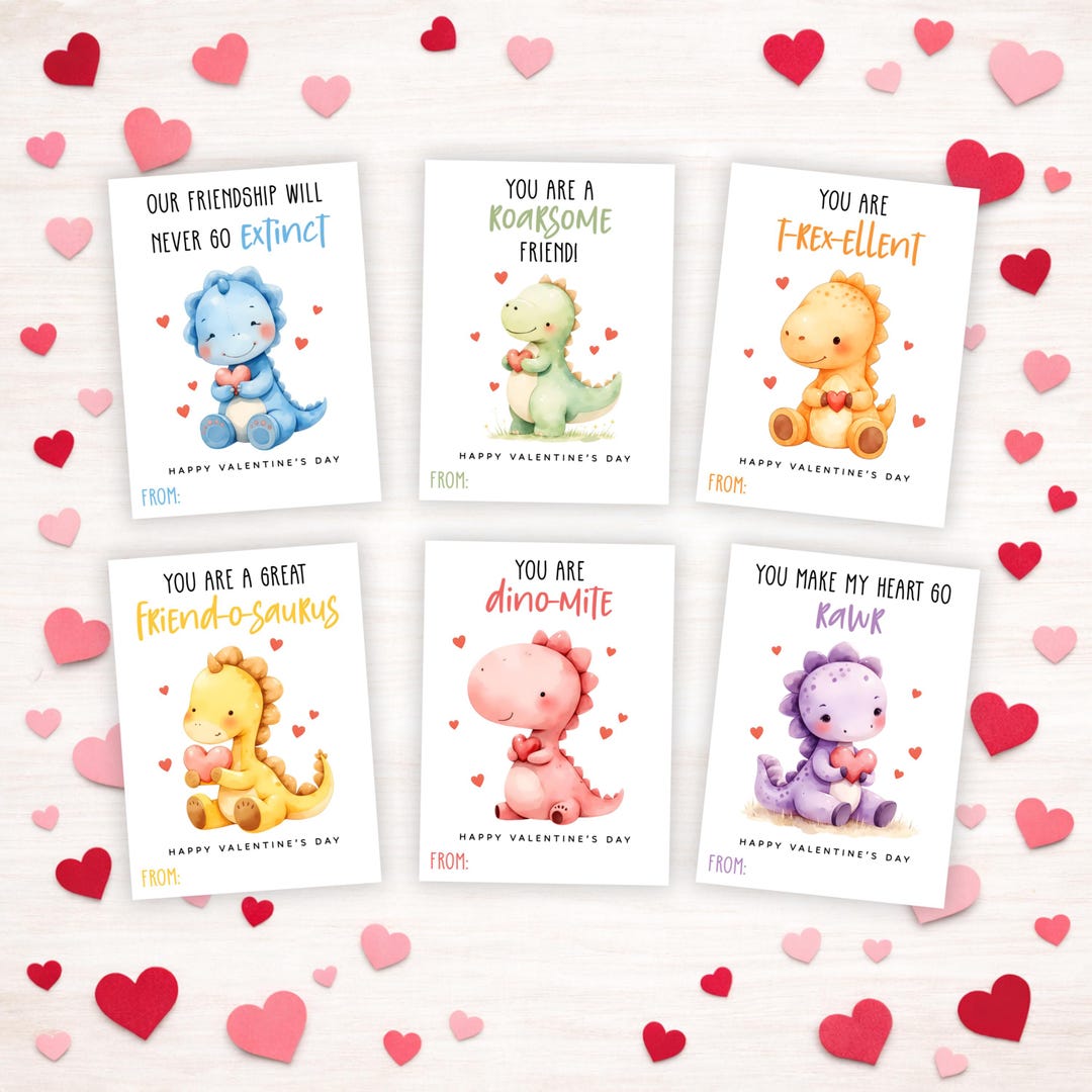 Kids Dinosaur Valentine's Day Cards, Printable Classroom Valentines ...