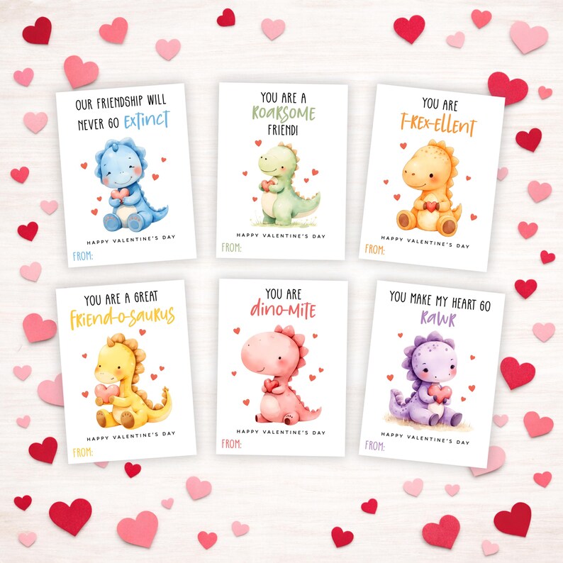 Kids Dinosaur Valentine's Day Cards, Printable Classroom Valentines ...
