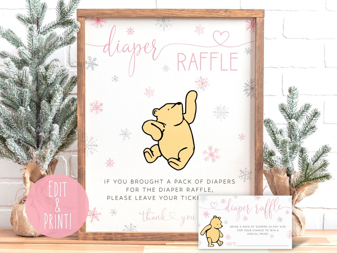 Classic Winnie the Pooh Diaper Raffle Sign, Girl Pooh Bear Baby Shower ...