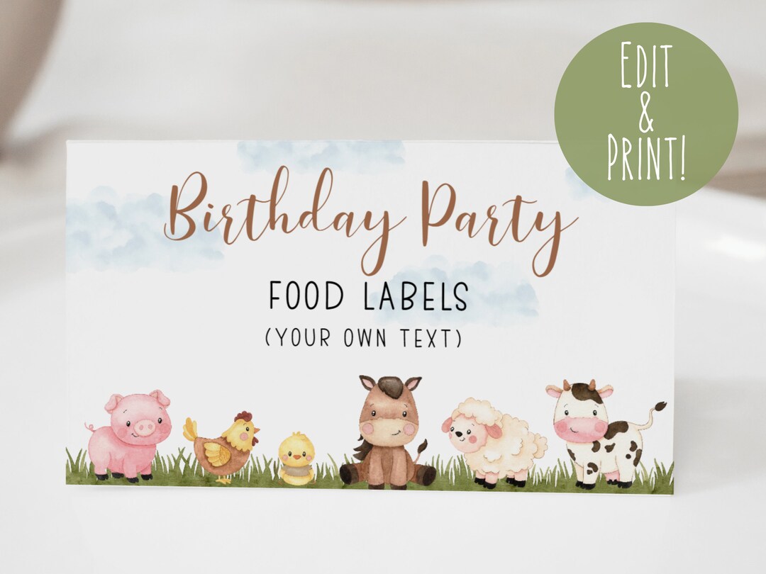 Farm Animals Food Label Template, Farm Birthday Party Editable Food ...