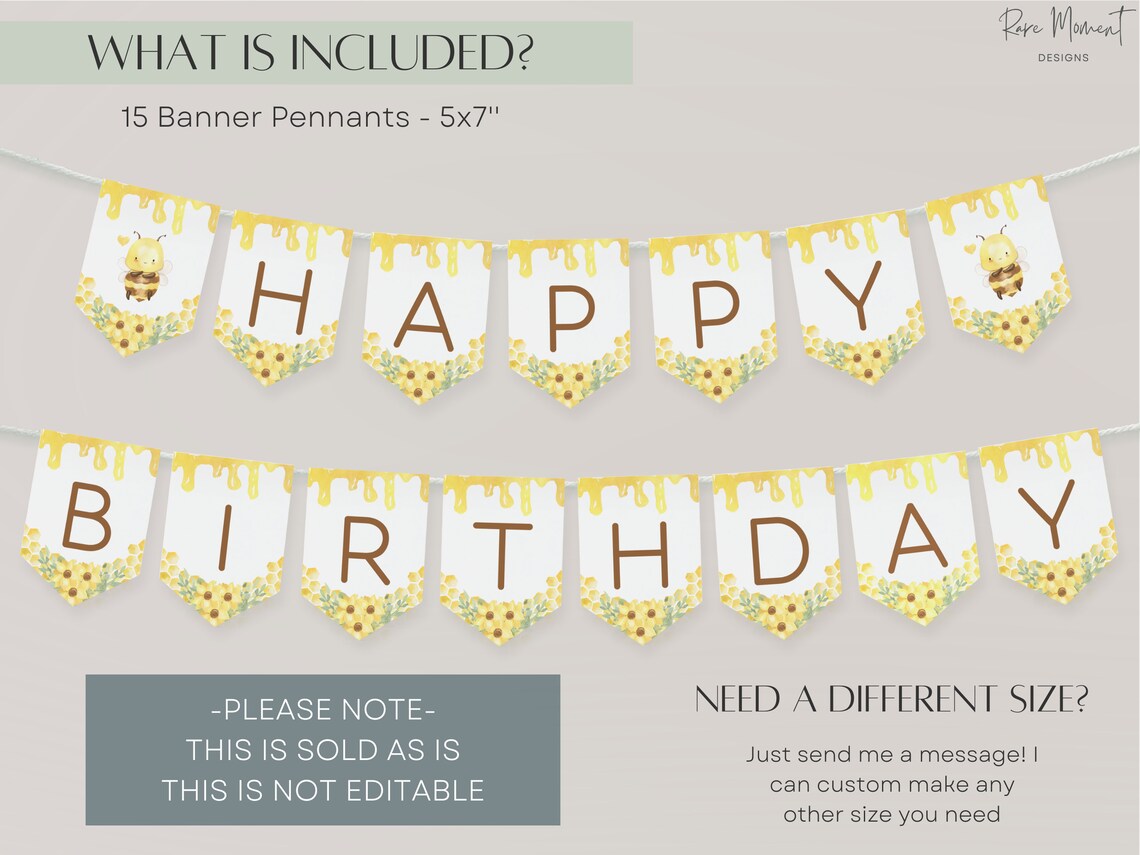 Bee Happy Birthday Banner Digital Download Sunflowers Honey - Etsy