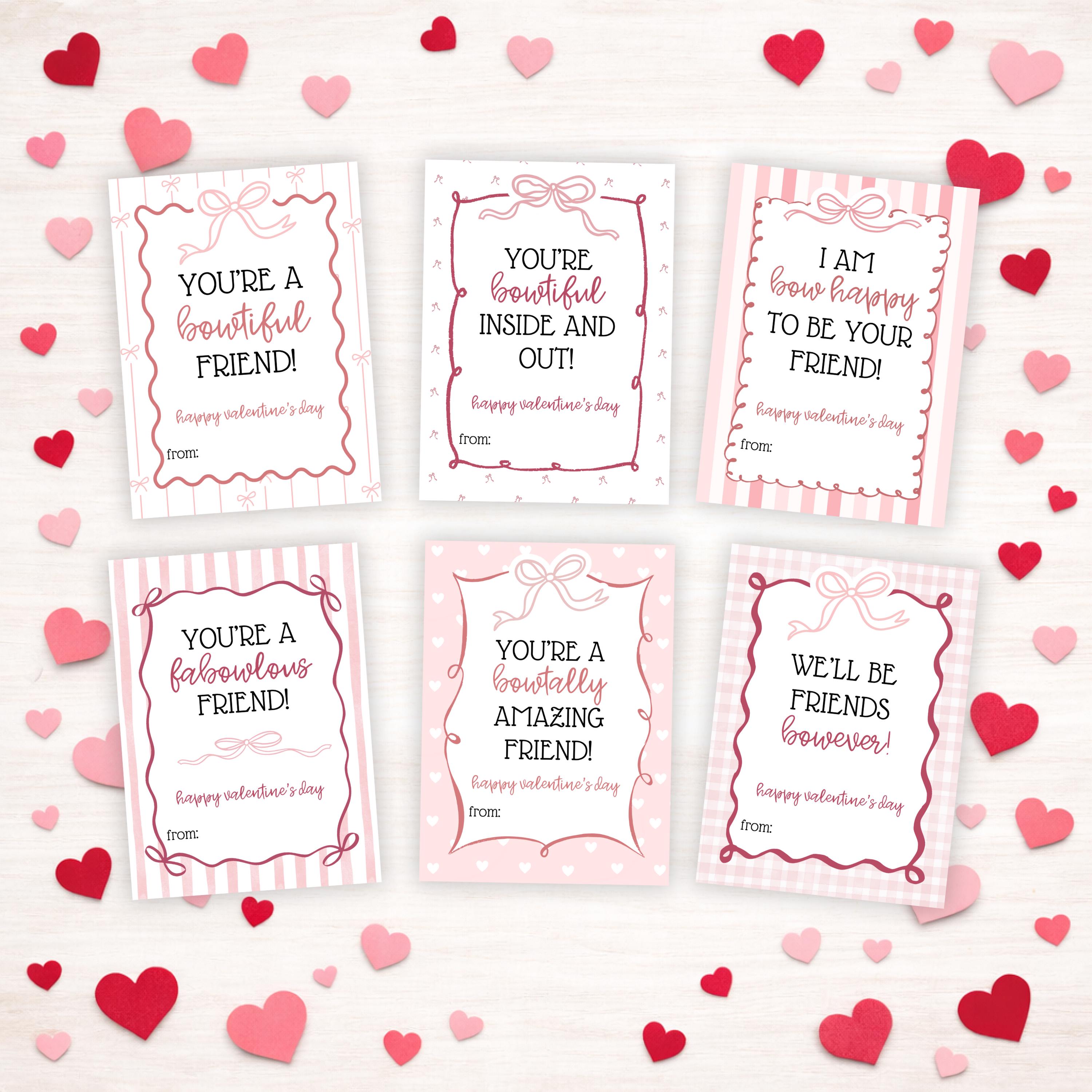 Printable Bow Valentine's Day Cards, Pink Classroom Valentine Exchange ...