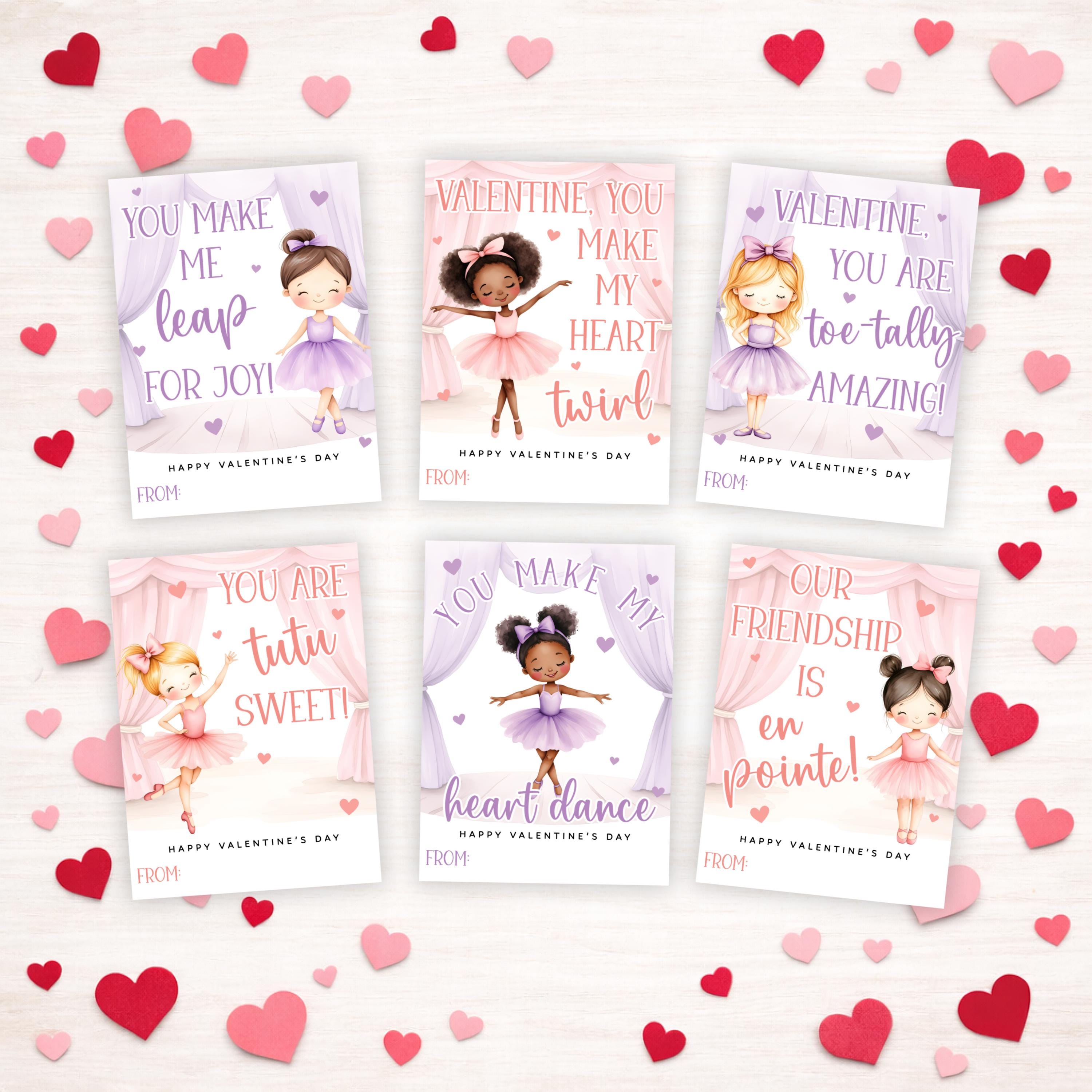 Printable Ballerina Valentine Cards for Kids, Pink Ballet Valentine's ...