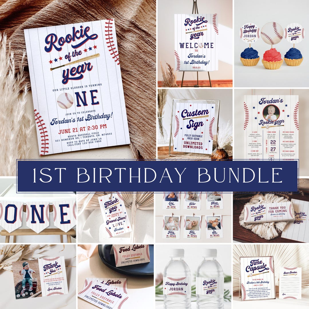 Rookie of the Year First Birthday Invitation Bundle, Editable Baseball ...