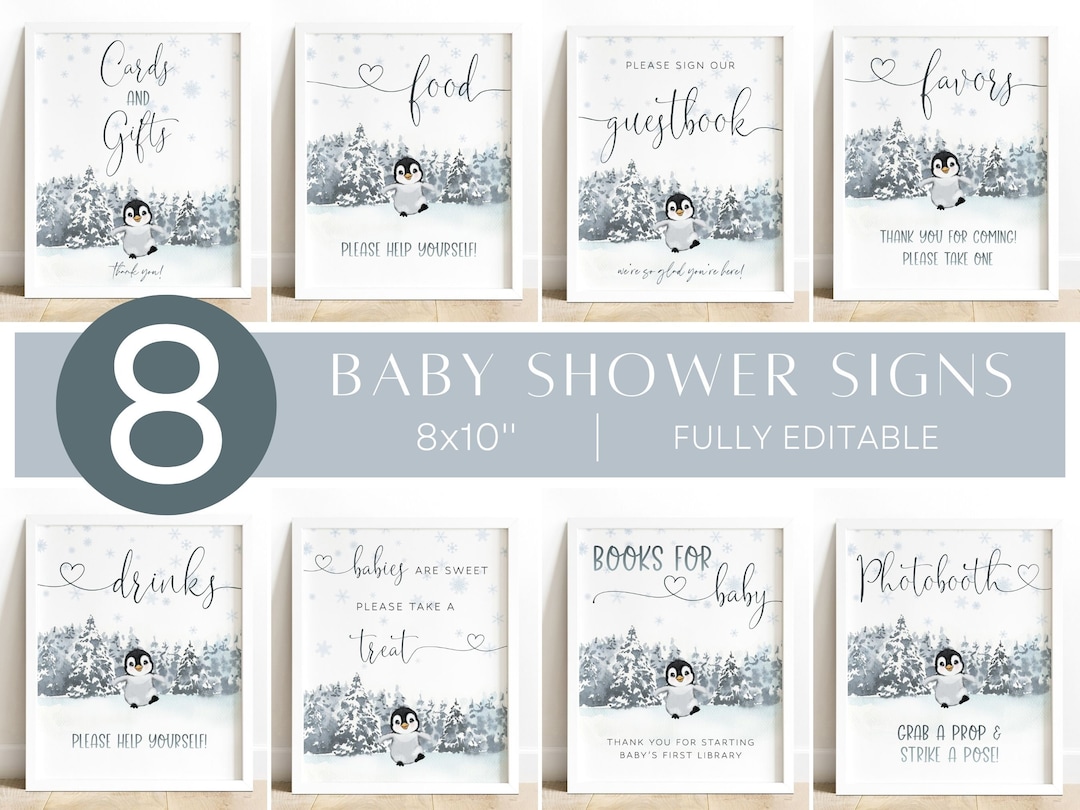 Winter Baby Shower Signs Bundle, Penguin Baby Shower Printable Sign ...
