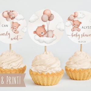 Teddy Bear Baby Shower Cupcake Toppers Template, Printable Circle Baby ...