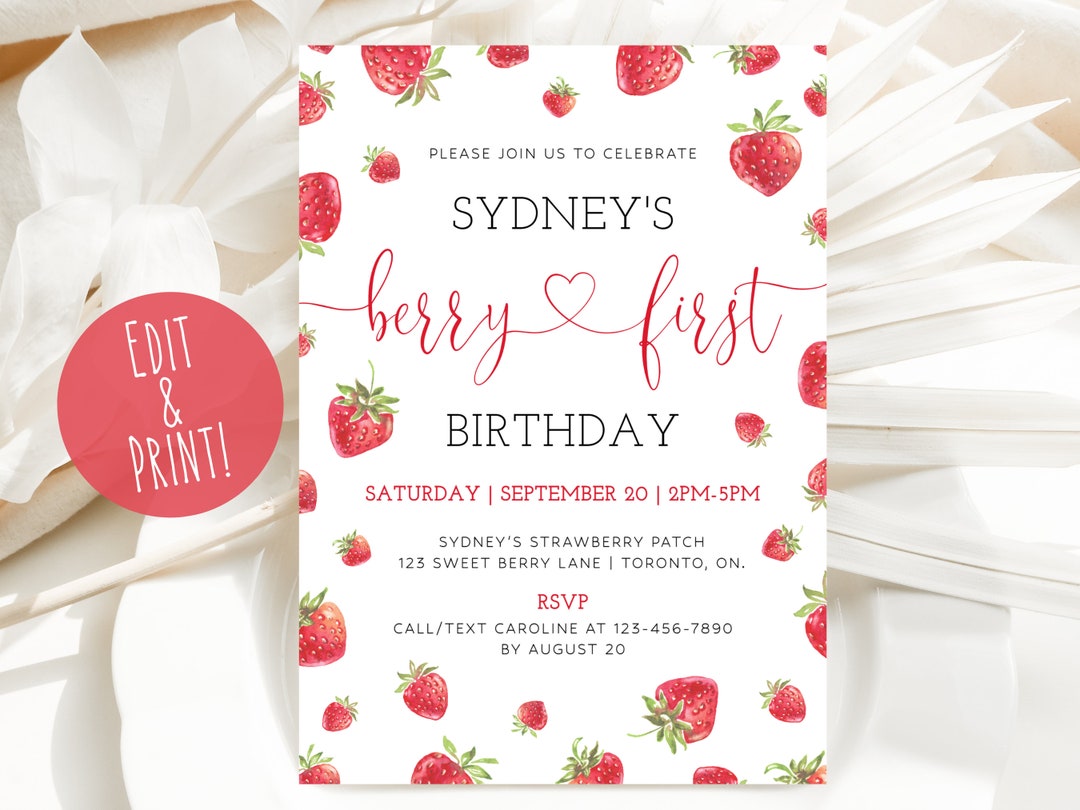 Berry First Birthday Invitation, Printable Strawberry 1st Birthday ...