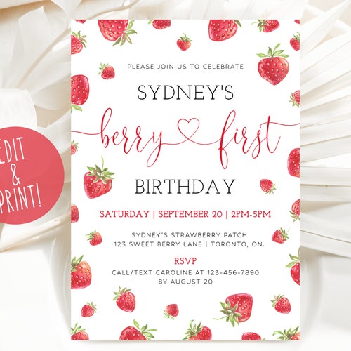 Berry First Birthday Invitation Bundle Printable Strawberry Etsy Canada