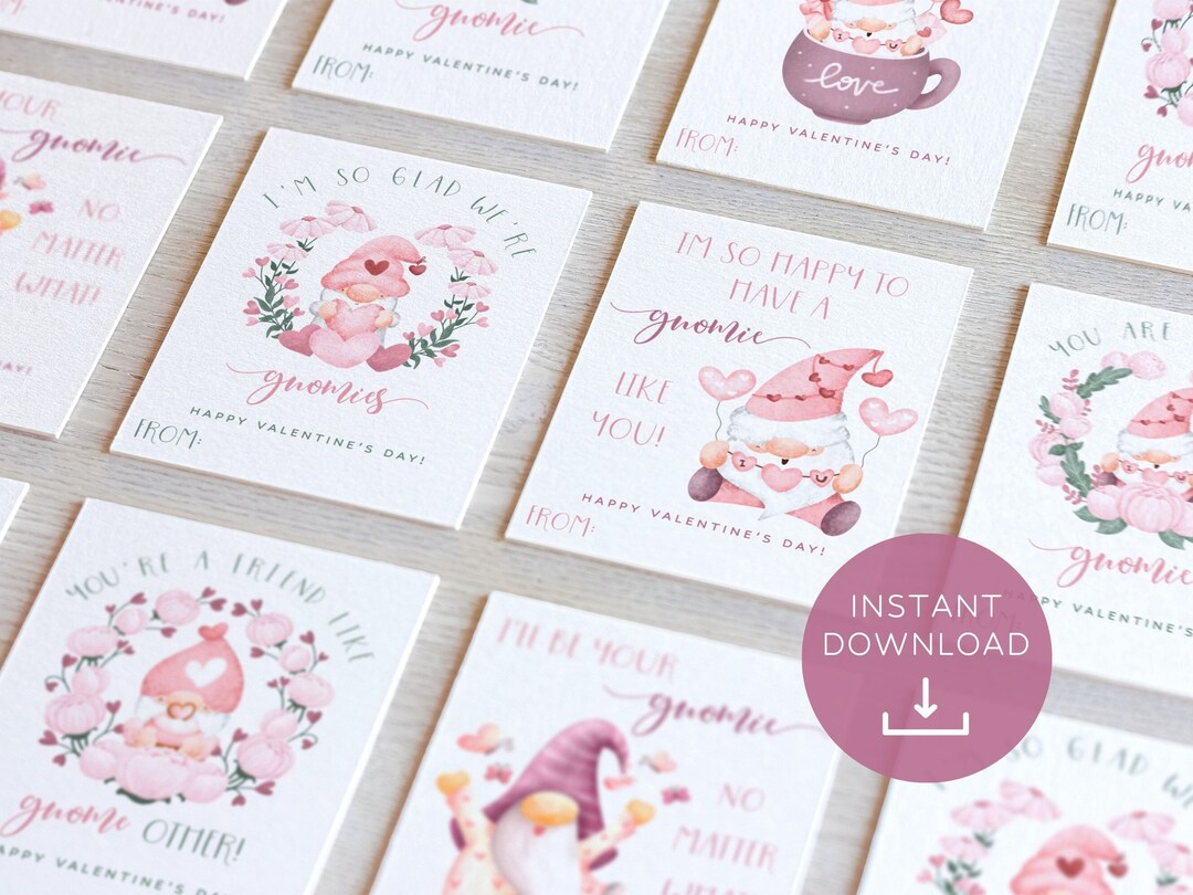 Gnome Valentine's Day Cards, Kids Classroom Valentines, Printable ...