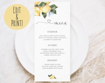 Lemon Menu Template, Printable Citrus Menu, Lemon Bridal Shower Menu ...