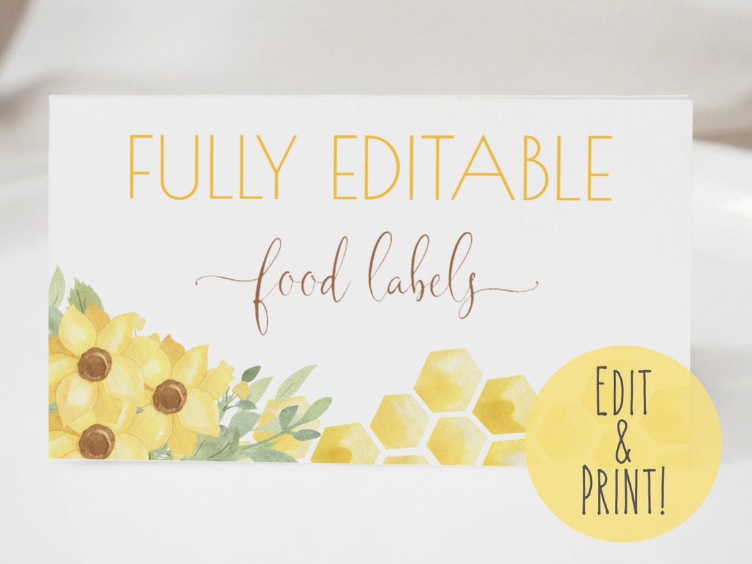 Editabe Bee Food Labels Template, Sunflowers Honeycomb Place Cards, Bee ...