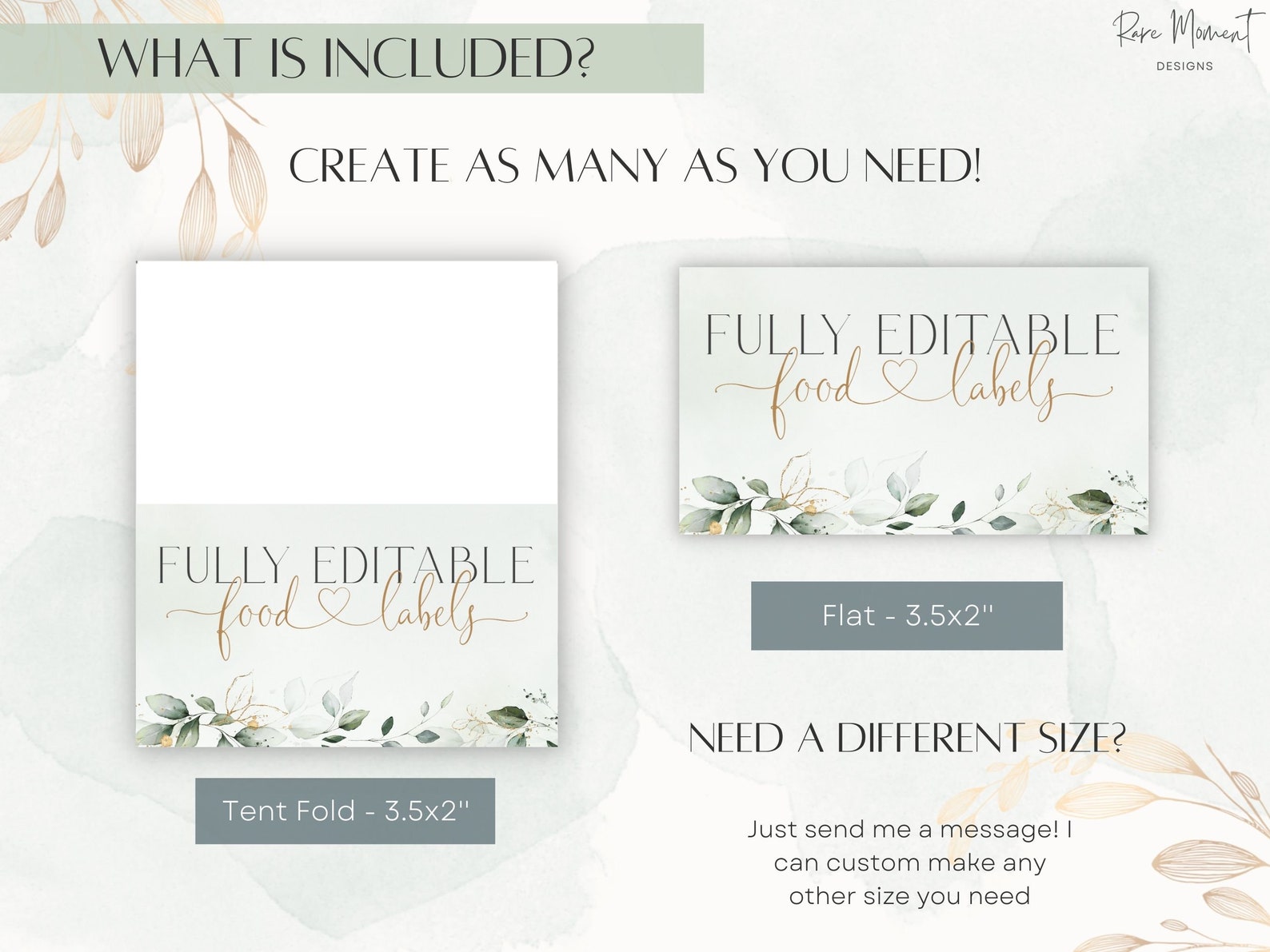 Editable Greenery Food Labels, Green & Gold Food Label Template ...