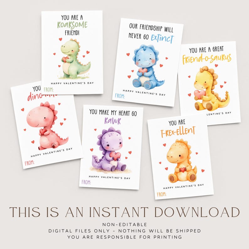 Kids Dinosaur Valentine's Day Cards, Printable Classroom Valentines ...