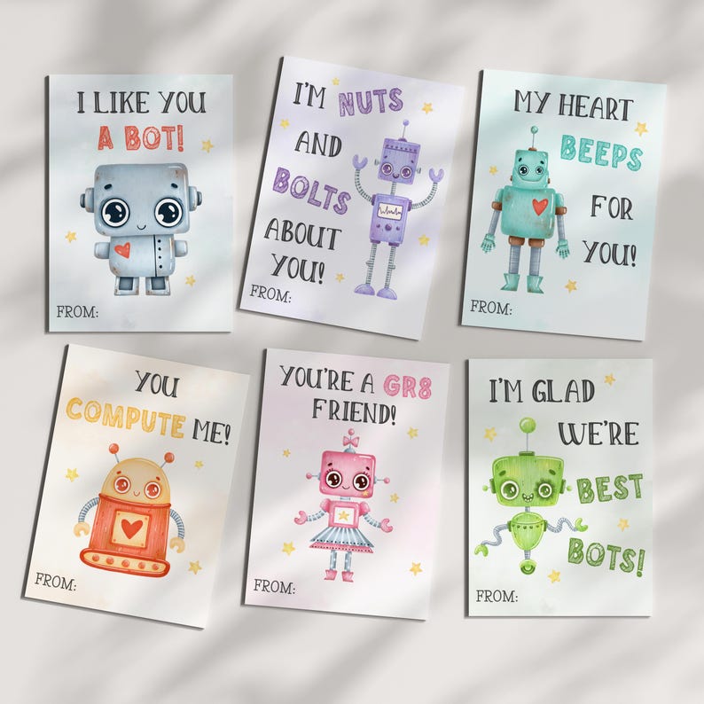Robot Valentine's Day Cards, Kids Classroom Valentines, Printable Robot ...