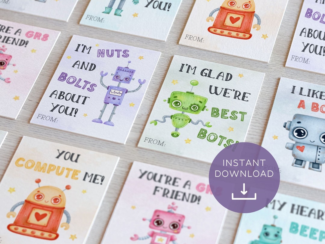Robot Valentine's Day Cards, Kids Classroom Valentines, Printable Robot ...