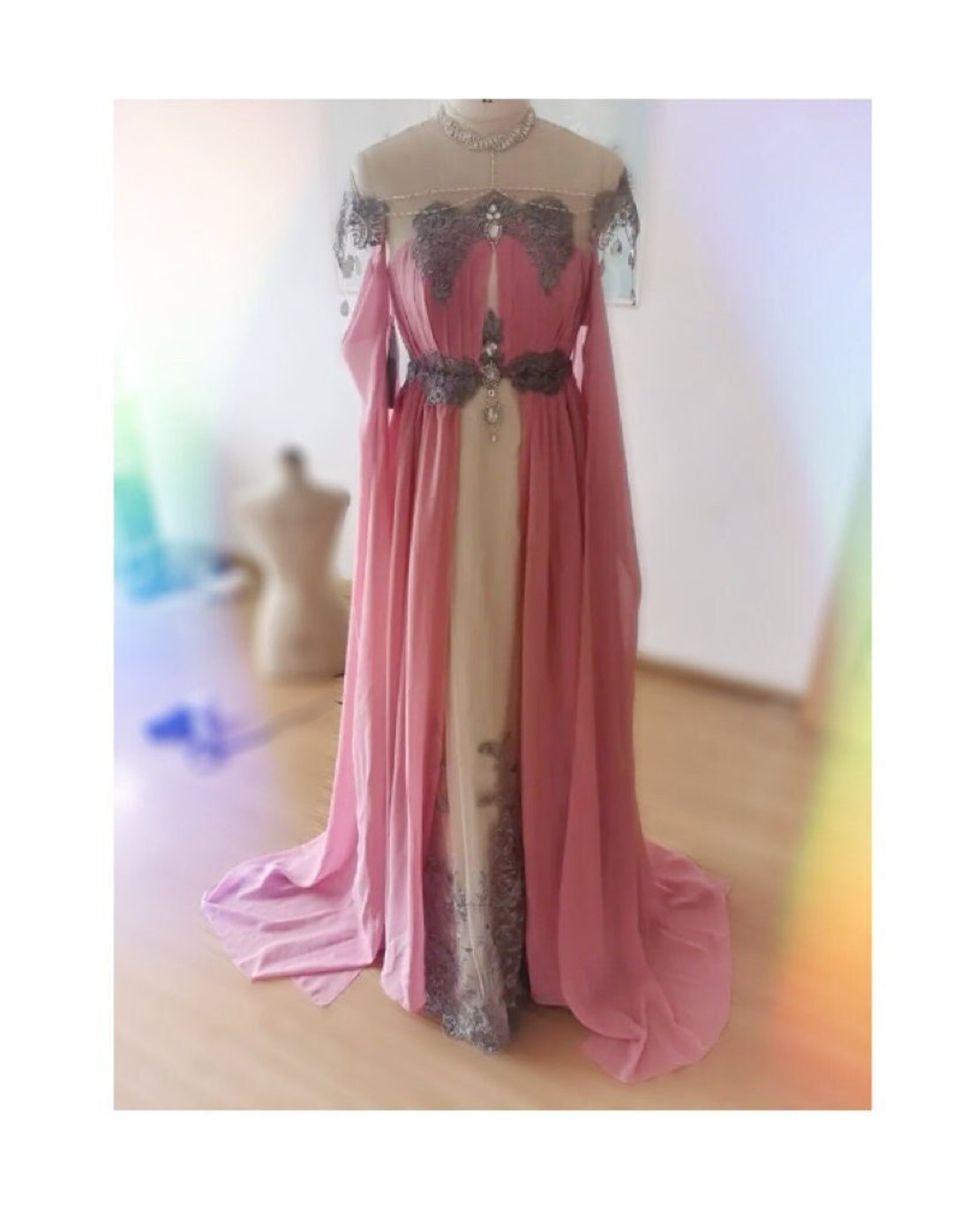 Pink Elven Dress With Silver Applique, Fantasy Wedding Costume, Witchy ...