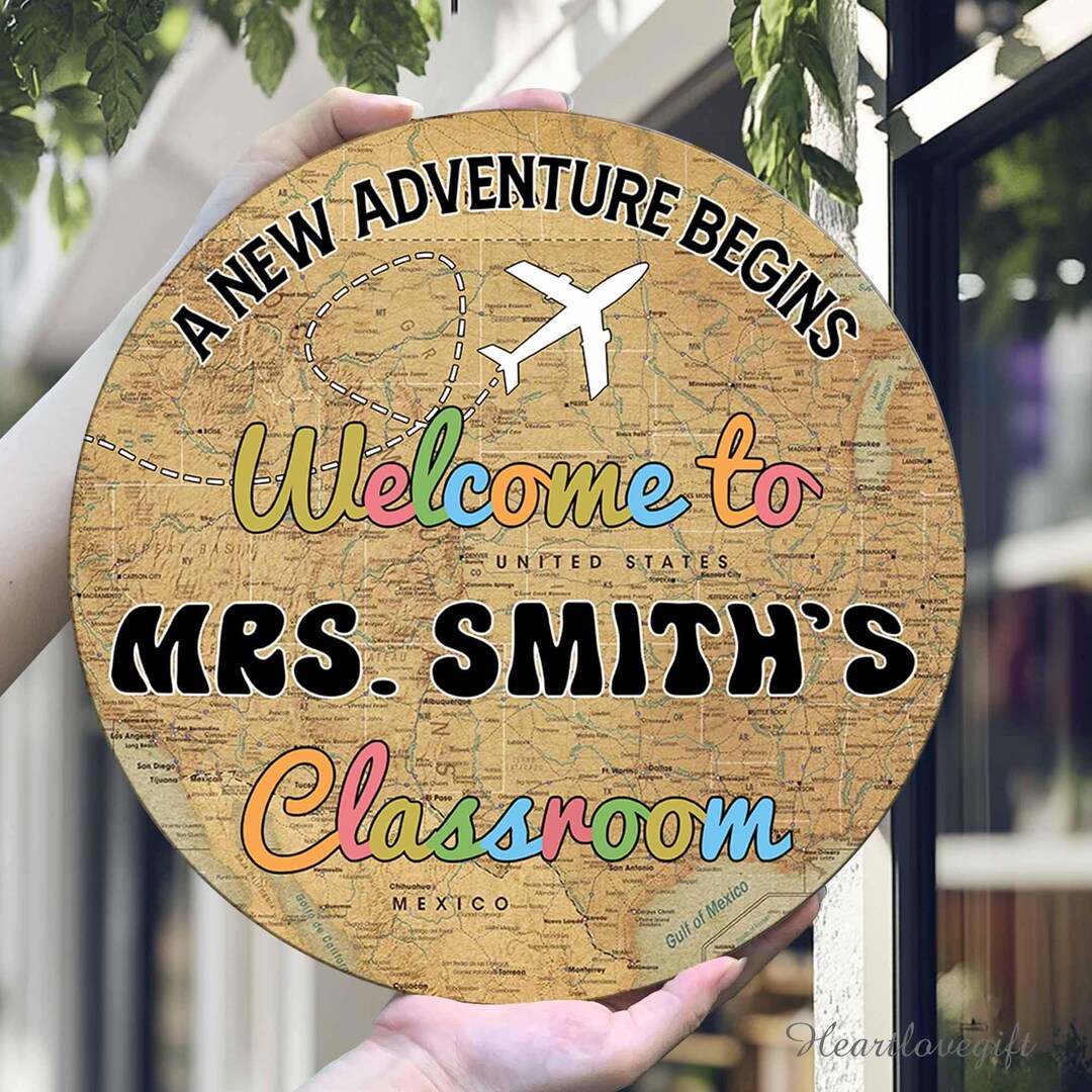 Personalized Welcome Classroom Door Sign, World Map Adventure Classroom ...