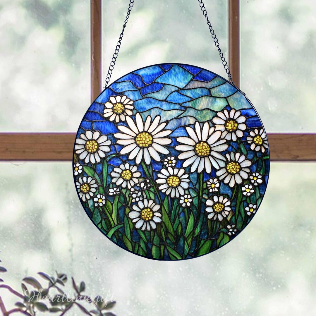 Daisy Flowers Stained Glass Window Hanging, Unique Gift for Nature ...