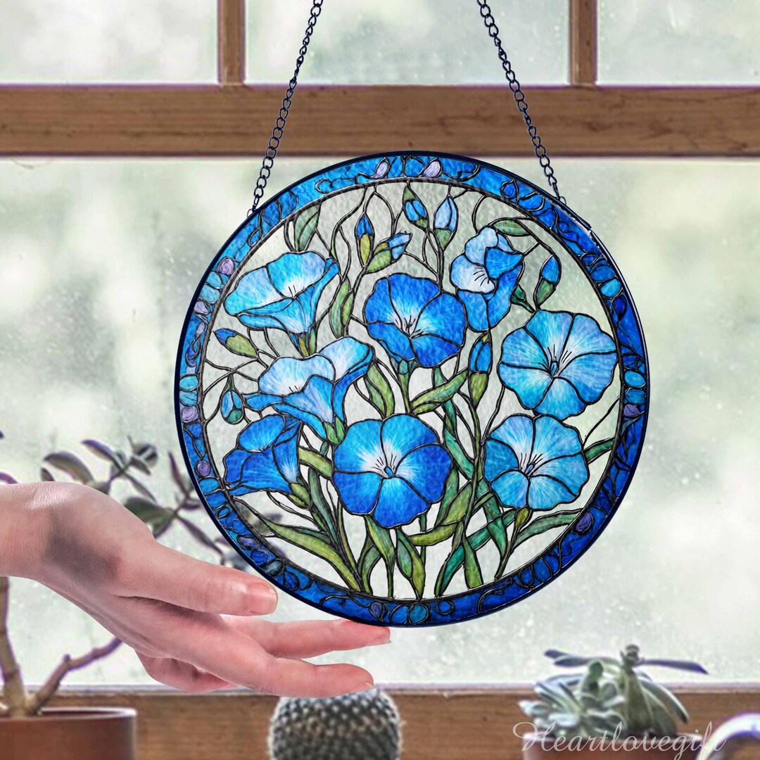 Blue Morning Glory Flower Glass Suncatcher, September Birth Flower ...