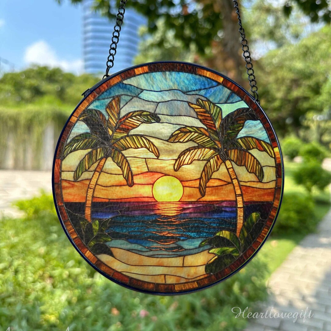 Beach Sunset Stained Glass Suncatcher, Beach Sunrise Suncatcher, Beach ...