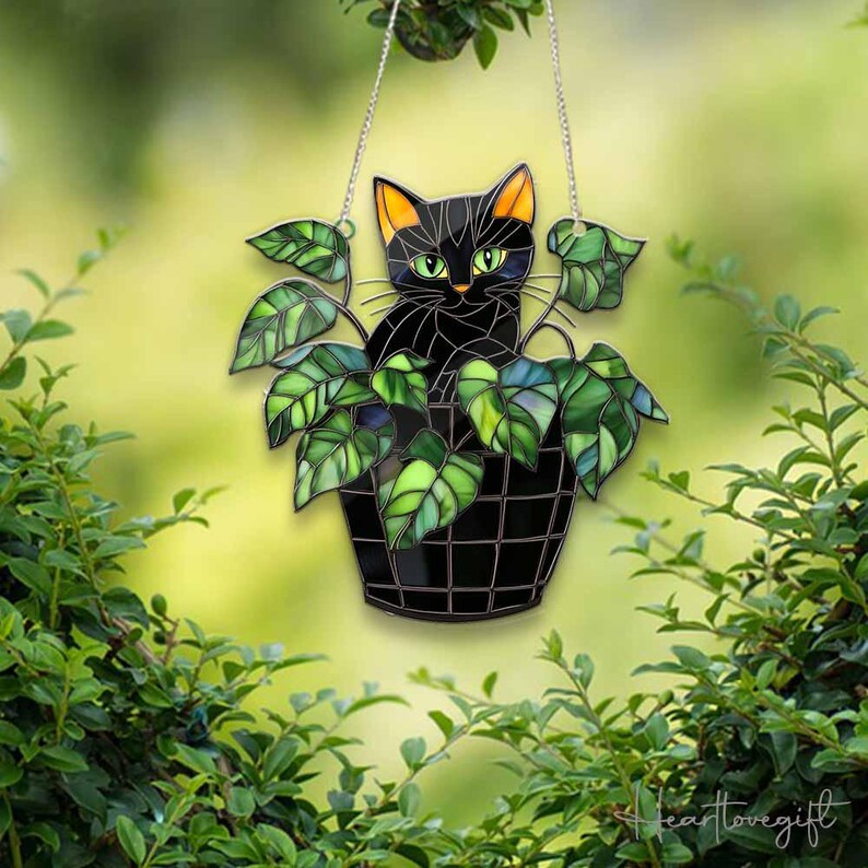 Black Cat in Plant Pot Acrylic Window Hanging, Black Cat Cute Acrylic ...