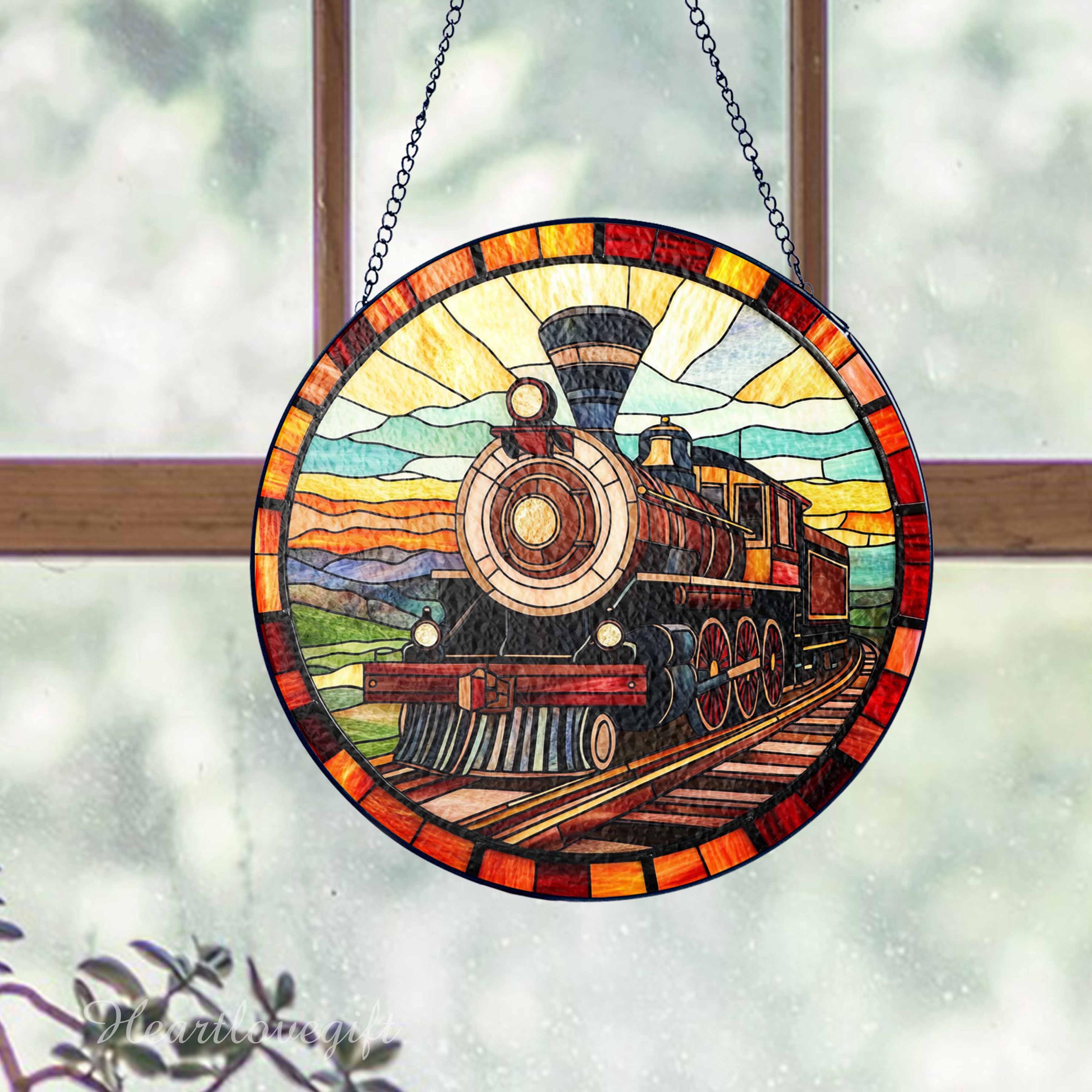 Train Faux Stained Glass Suncatcher, Train Window Hangings for Garden ...