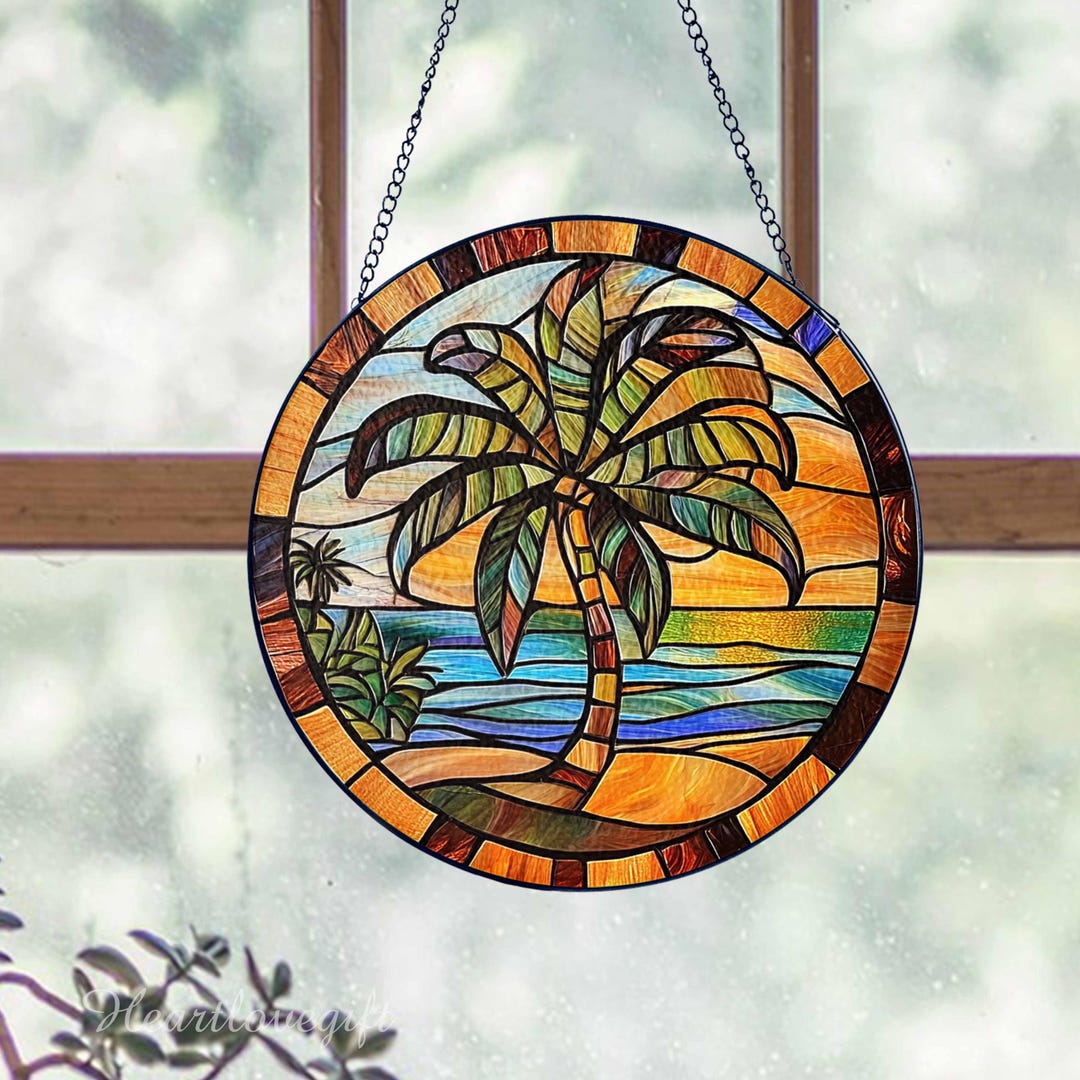 Palm Tree and Beach Glass Suncatcher, Palm Tree Window Hanging Sign ...