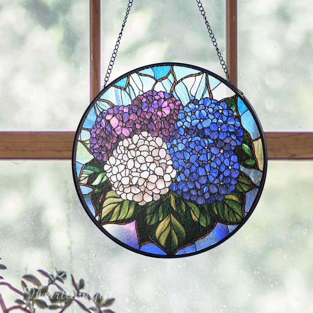 Hydrangea Bouquet Stained Glass Suncatcher, Hydrangea Flower Window ...