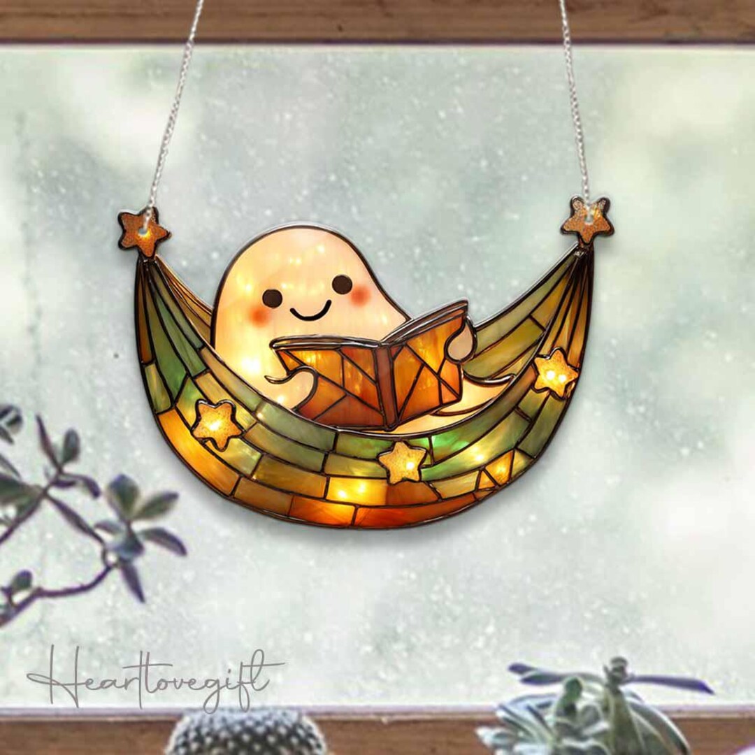 Cute Ghost Reading in Bed ACRYLIC Suncatcher, Halloween Window Hanging ...