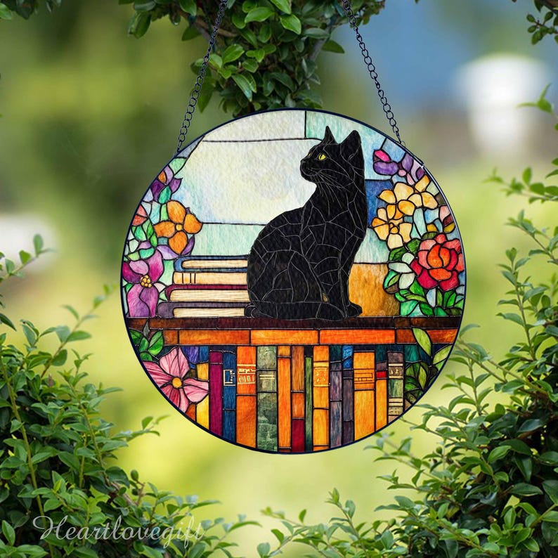 Black Cat Sitting on Bookshelf Glass Suncatcher Hanging, Book Window ...