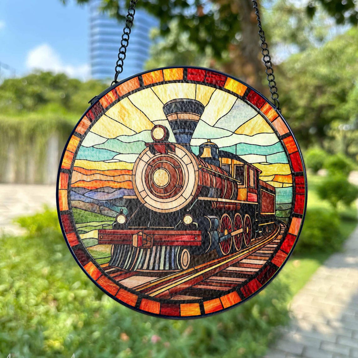 Train Faux Stained Glass Suncatcher, Train Window Hangings for Garden ...